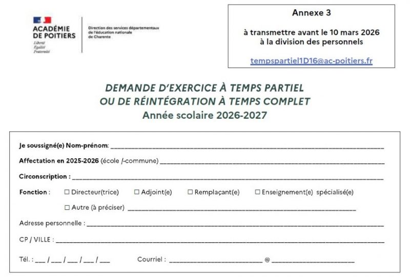 Exercice à temps partiel / Réintégration à temps complet : Rentrée 2026 ...